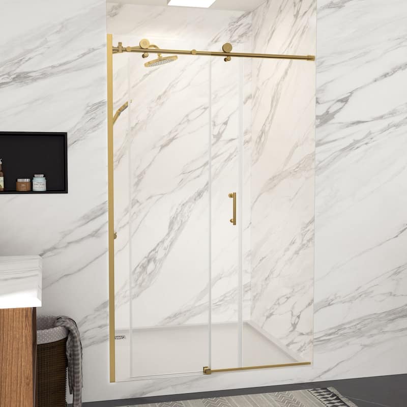 Lordear 48" x 76" Glass Shower Door Aluminum Semi-Frameless Single Sliding Adjustable Shower ...